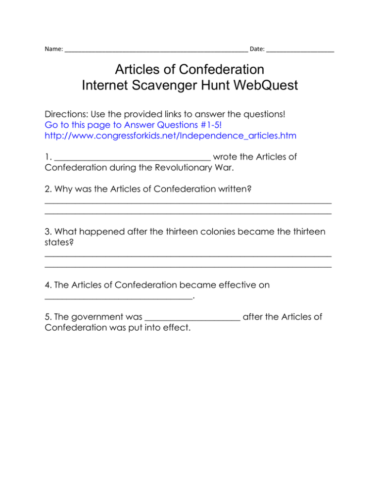 Articles of Confederation WebQuest Worksheet
