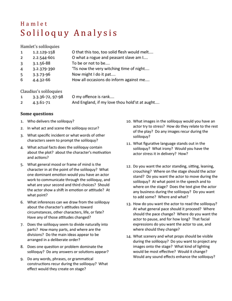 Hamlet Soliloquy Analysis Study Guide