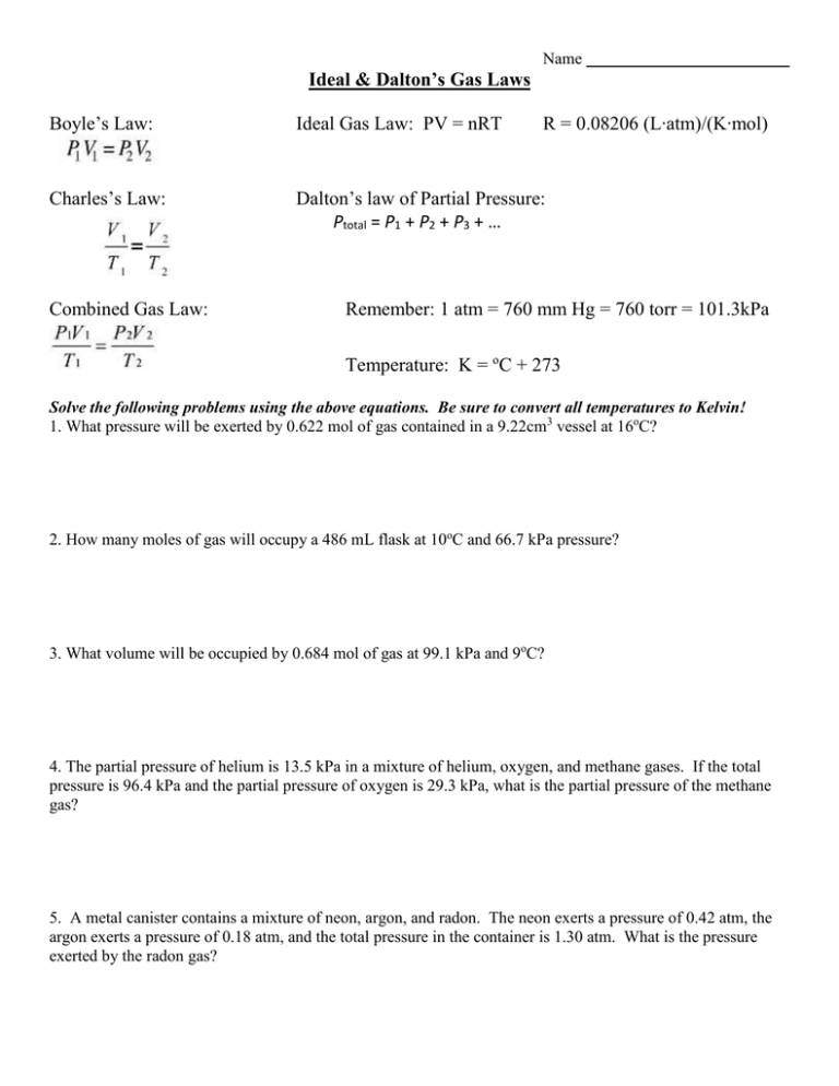Ideal & Dalton's Gas Laws Worksheet