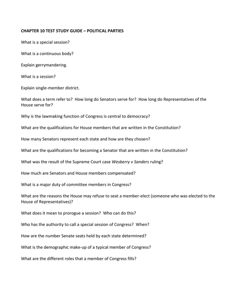 Political Parties & Congress Study Guide