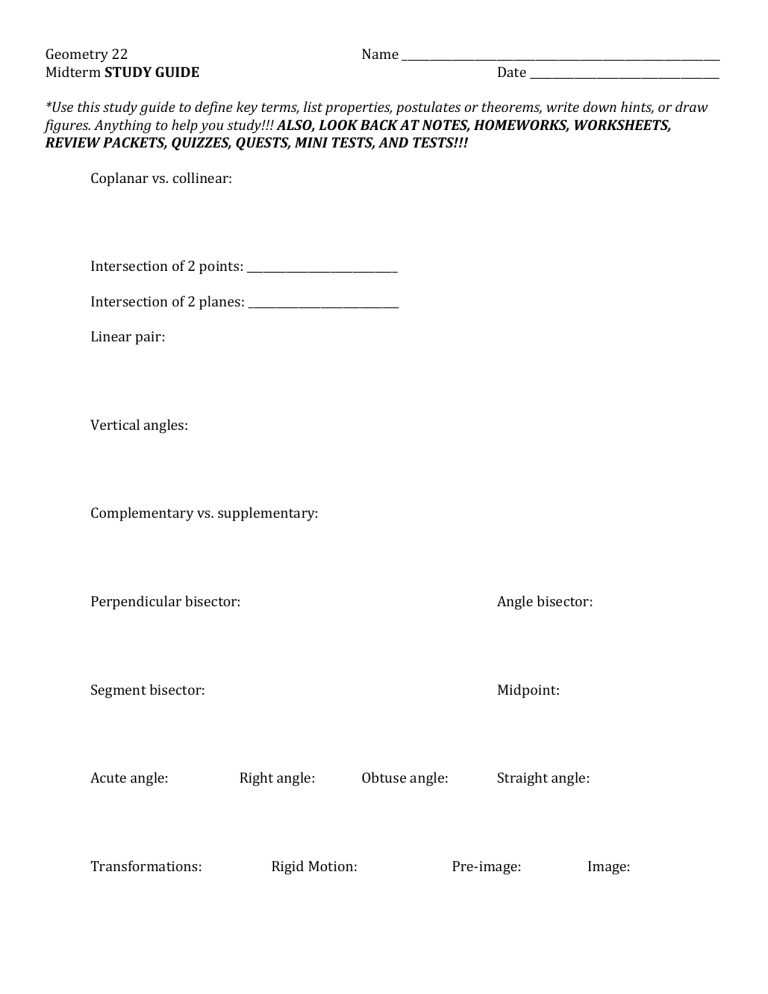Geometry Midterm Study Guide: Key Concepts & Definitions