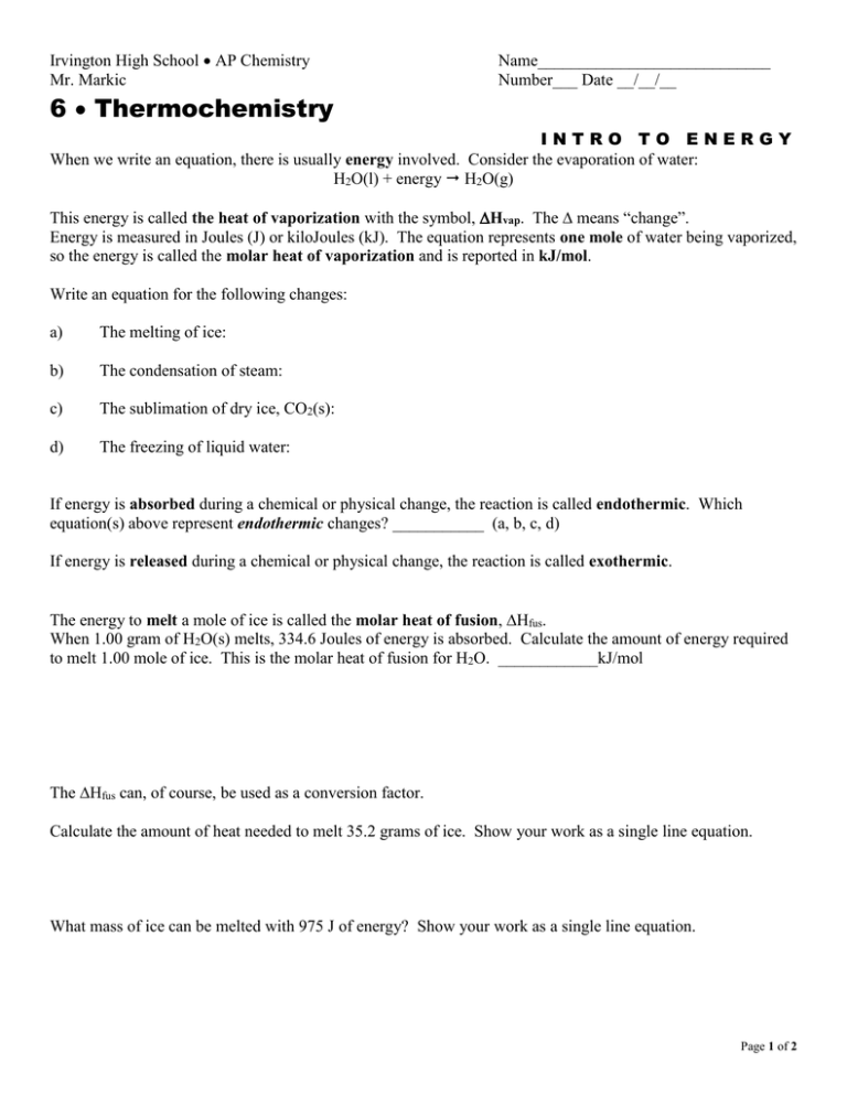Thermochemistry Worksheet: Energy & Phase Changes