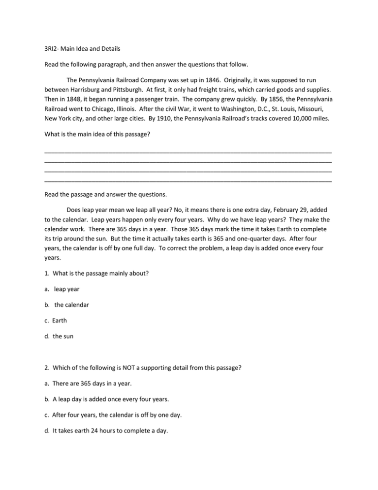 Main Idea & Details Worksheet: Reading Comprehension