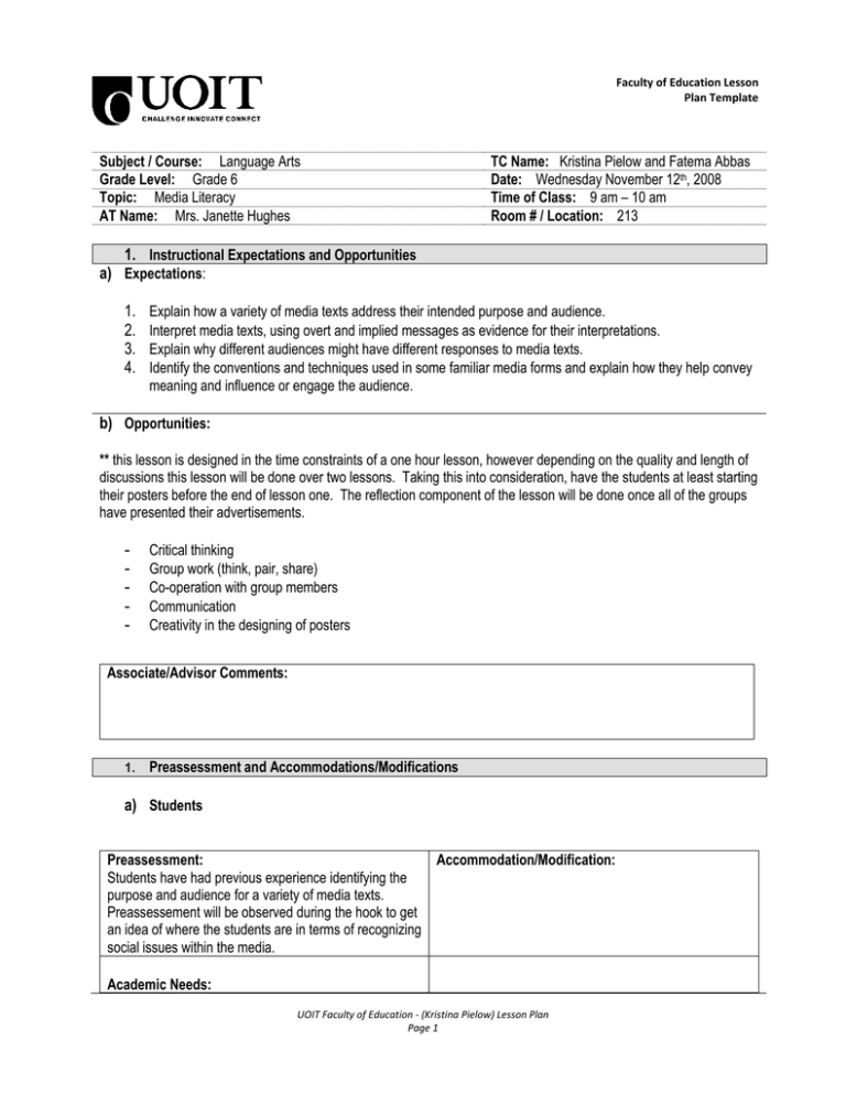 Grade 6 Media Literacy Lesson Plan: High School Musical