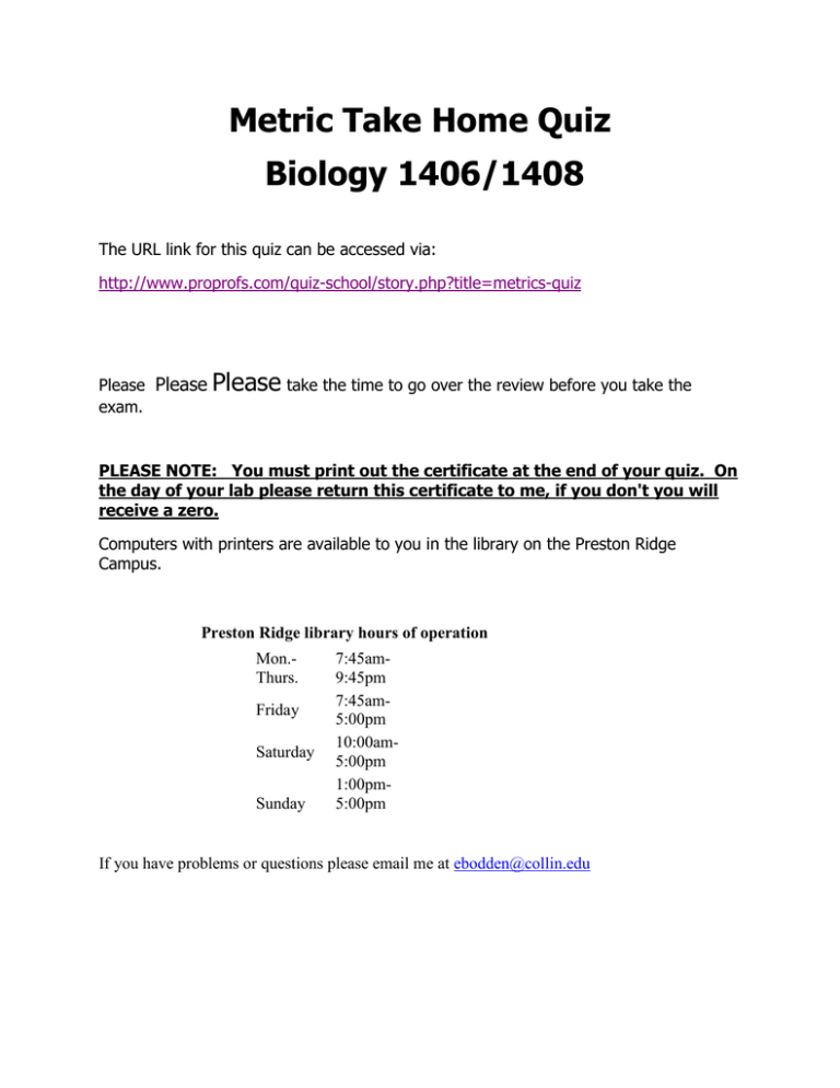 Metric System Quiz Instructions - Biology 1406/1408