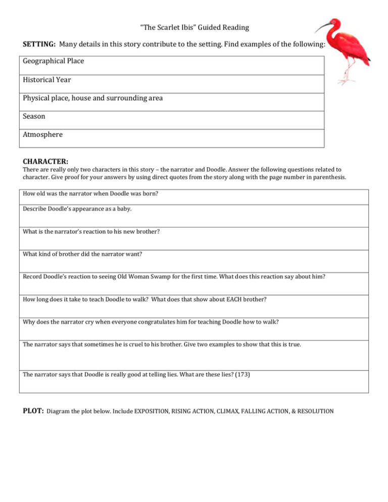 The Scarlet Ibis Guided Reading Worksheet