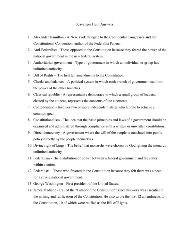Civics & Government Scavenger Hunt Answer Key