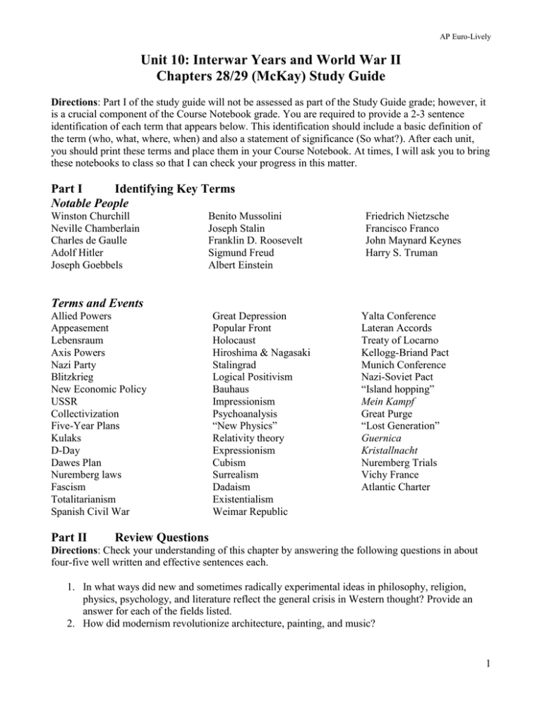 Interwar Years & WWII Study Guide: Key Terms & Review