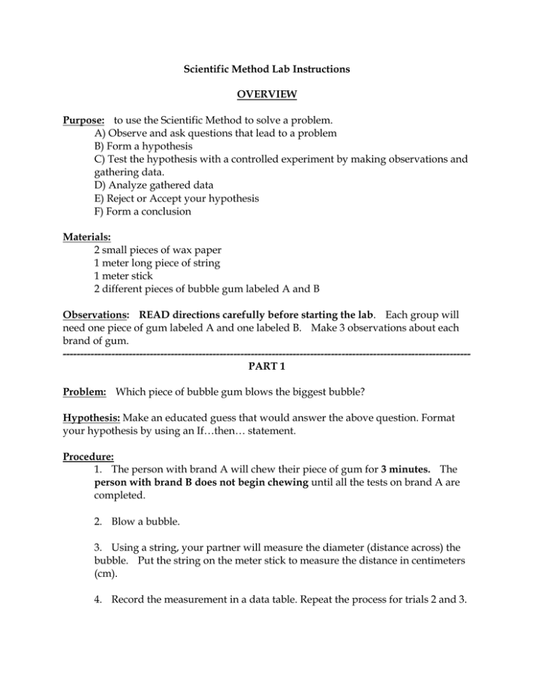 Scientific Method Bubble Gum Lab Instructions