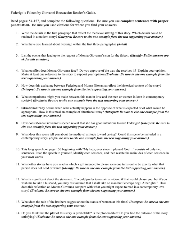 Federigo's Falcon Reader's Guide: Analysis & Questions