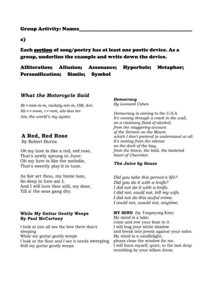 Poetic Devices Worksheet: Identify & Analyze Poems