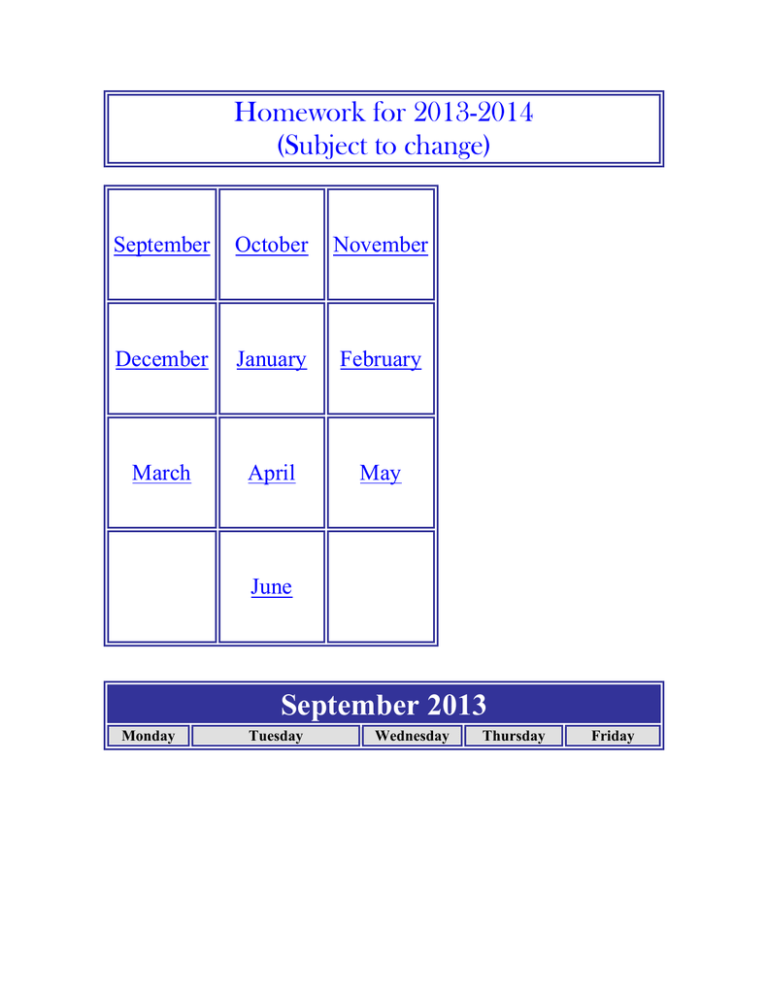 Homework Calendar 2012-2013
