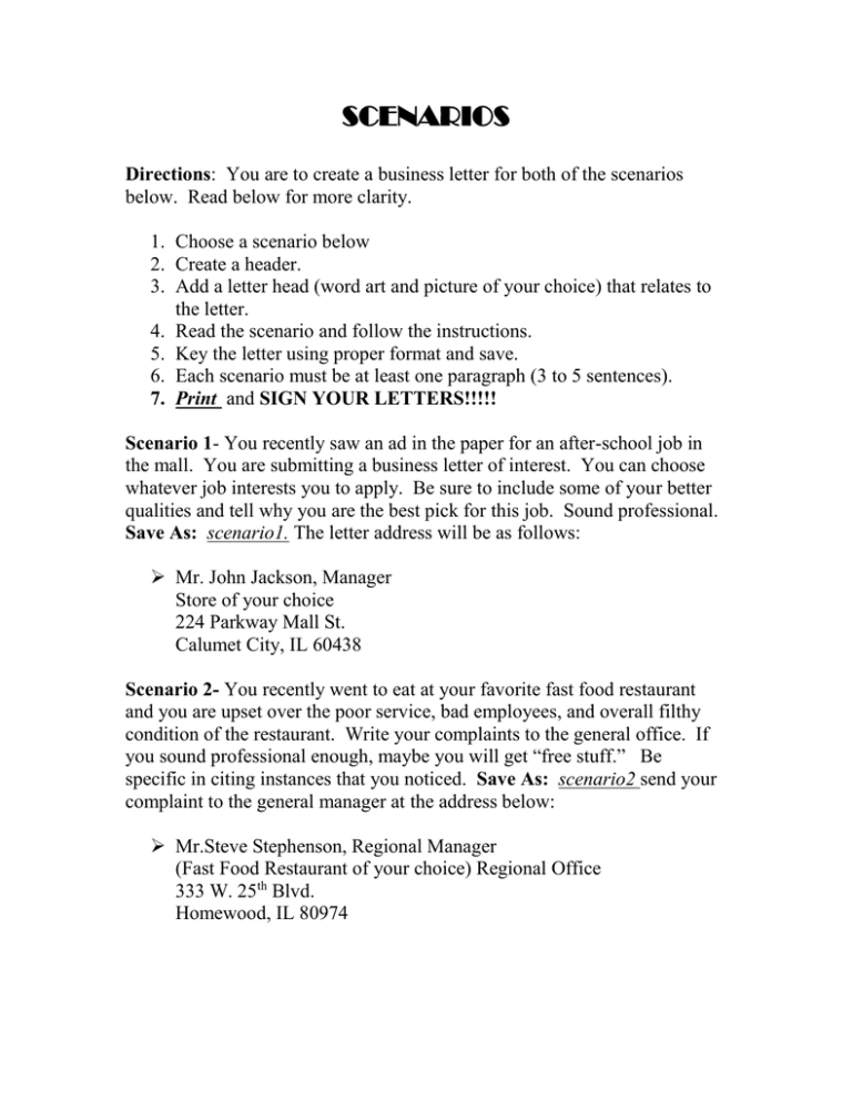 Business Letter Writing Scenarios & Instructions