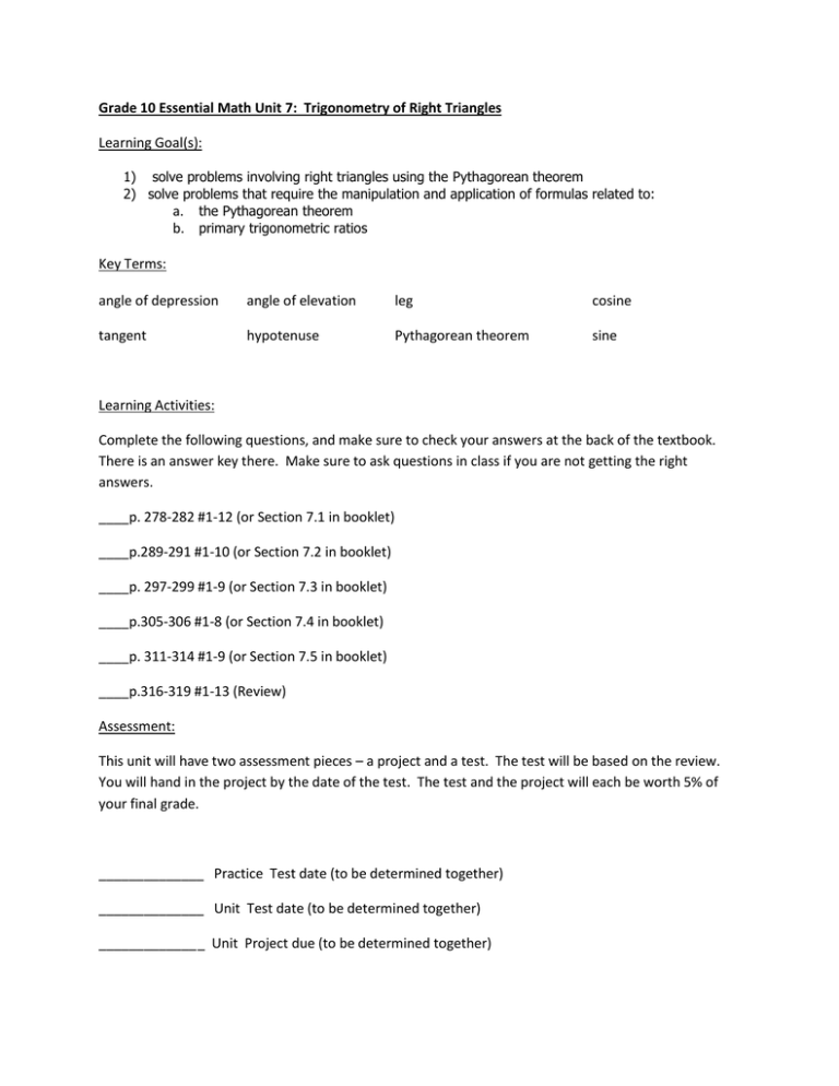 Grade 10 Trigonometry Unit Plan: Right Triangles & Staircase Project