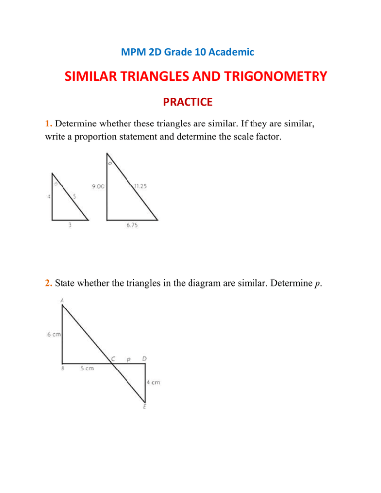 Similar Triangles & Trigonometry Practice - Grade 10