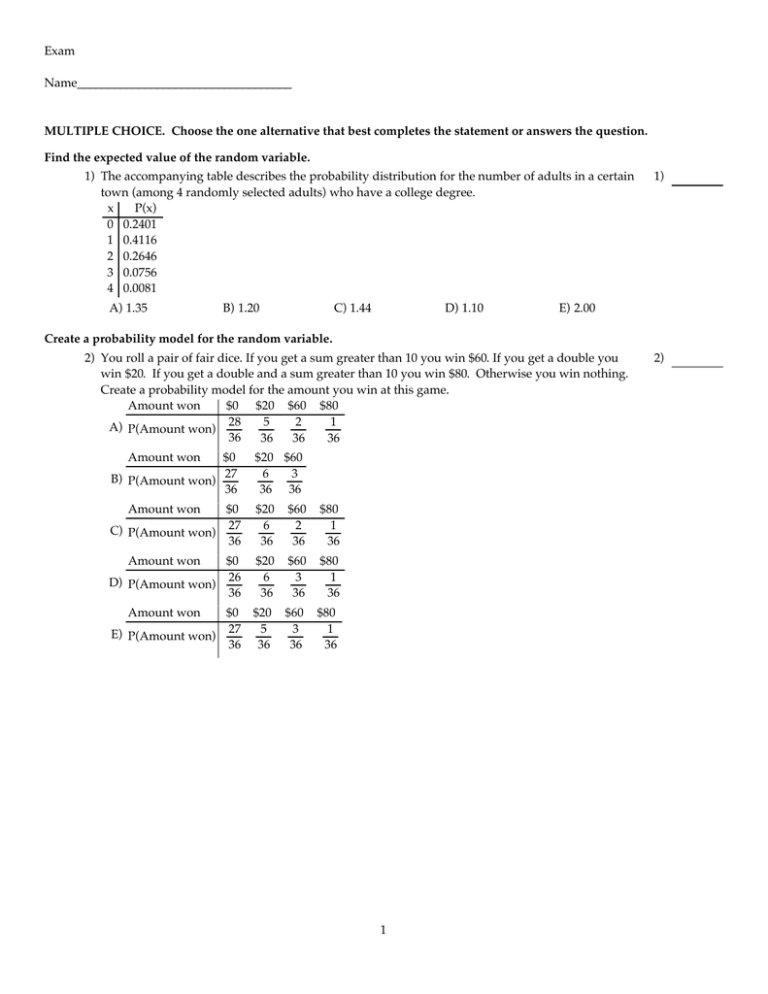 Probability & Statistics Exam: Expected Value, Bernoulli Trials