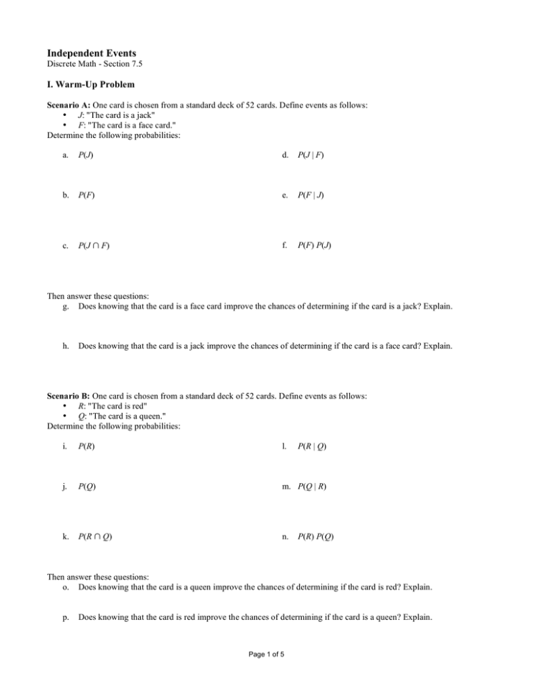 Independent Events I. Warm-Up Problem