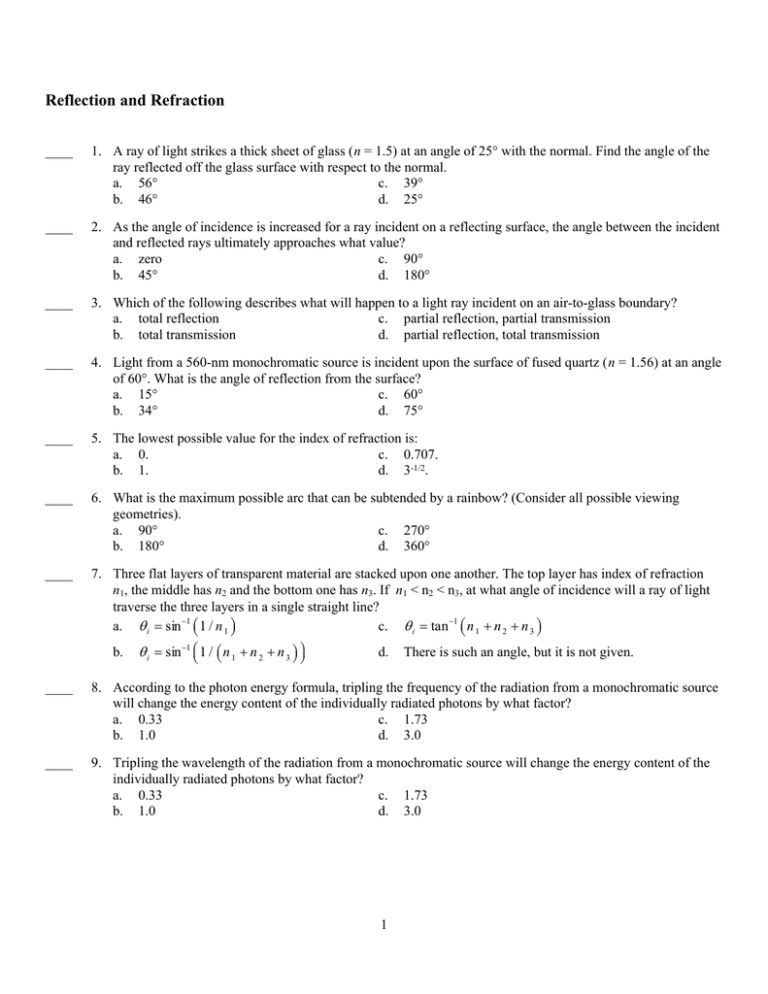Reflection and Refraction Worksheet
