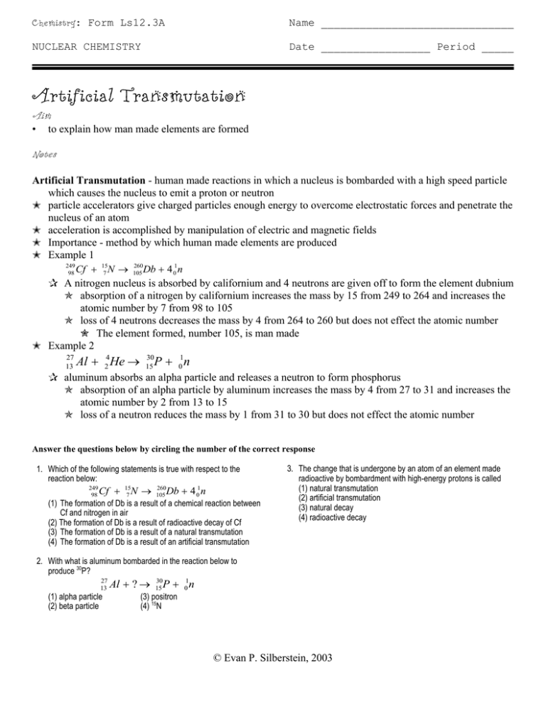Nuclear Chemistry: Artificial Transmutation Worksheet