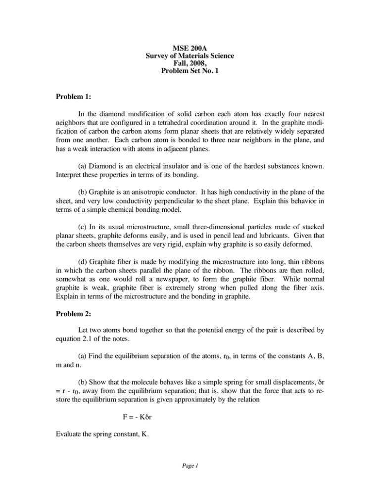 MSE 200A Materials Science Problem Set 1 - Fall 2008