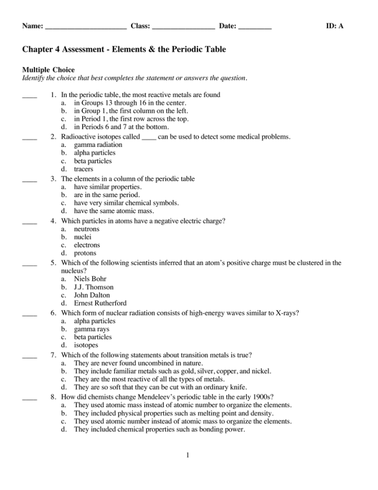 Elements & Periodic Table Assessment - High School Chemistry