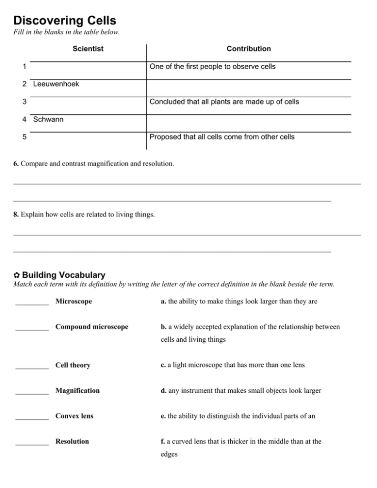Discovering Cells Worksheet: Cell Theory & Microscopes
