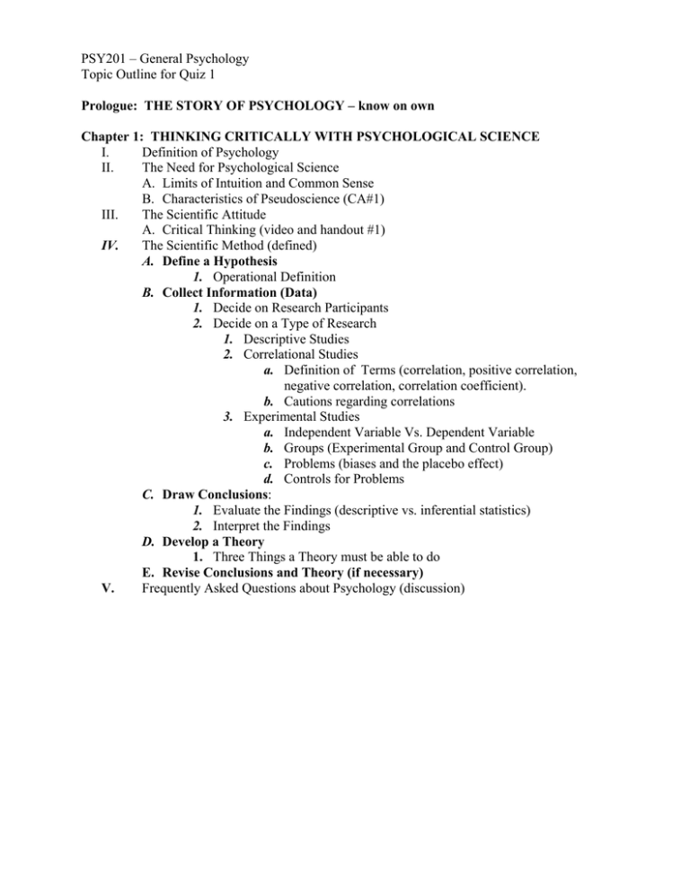 Psychology Quiz 1 Topic Outline
