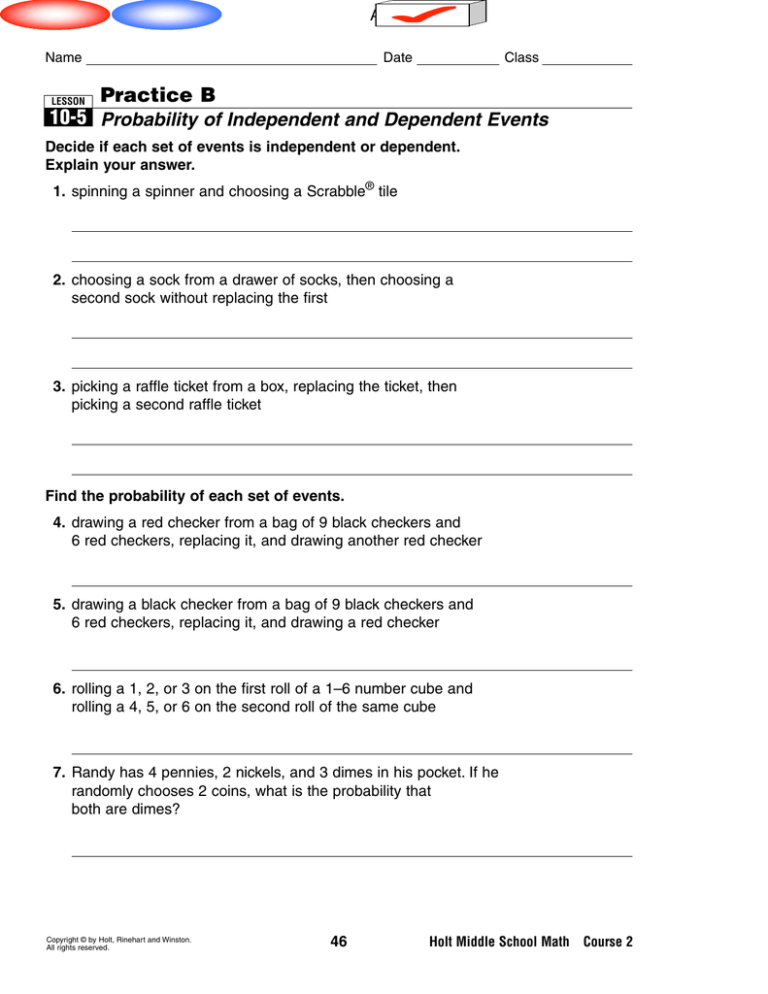 Probability: Independent & Dependent Events Worksheet