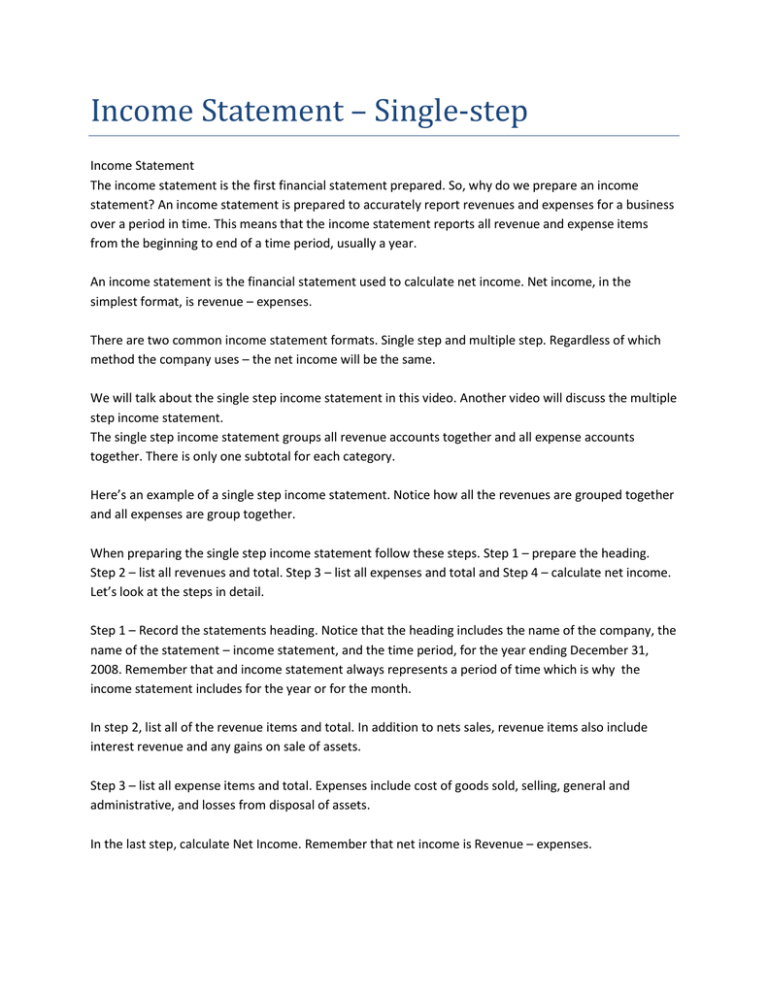 Income Statement – Single-step