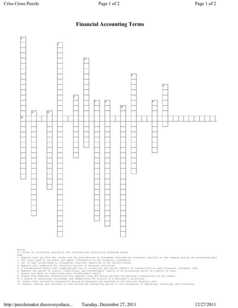 Financial Accounting Terms Crossword Puzzle