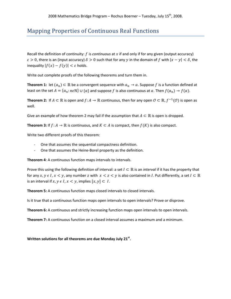 Mapping Properties of Continuous Real Functions