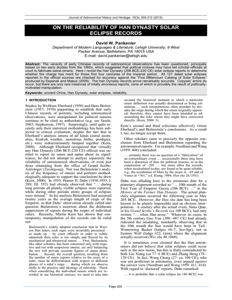 Han Dynasty Solar Eclipse Records Reliability