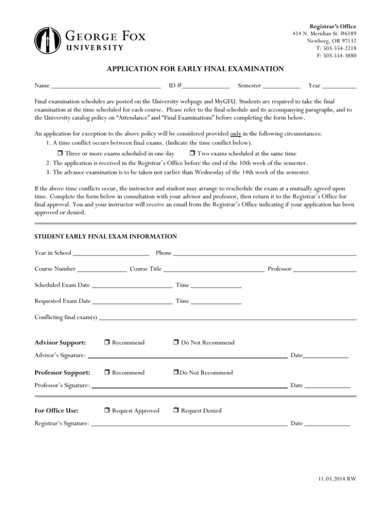 APPLICATION FOR EARLY FINAL EXAMINATION