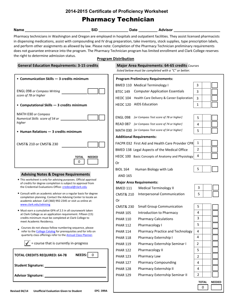 Pharmacy Technician Certificate Worksheet - Clark College