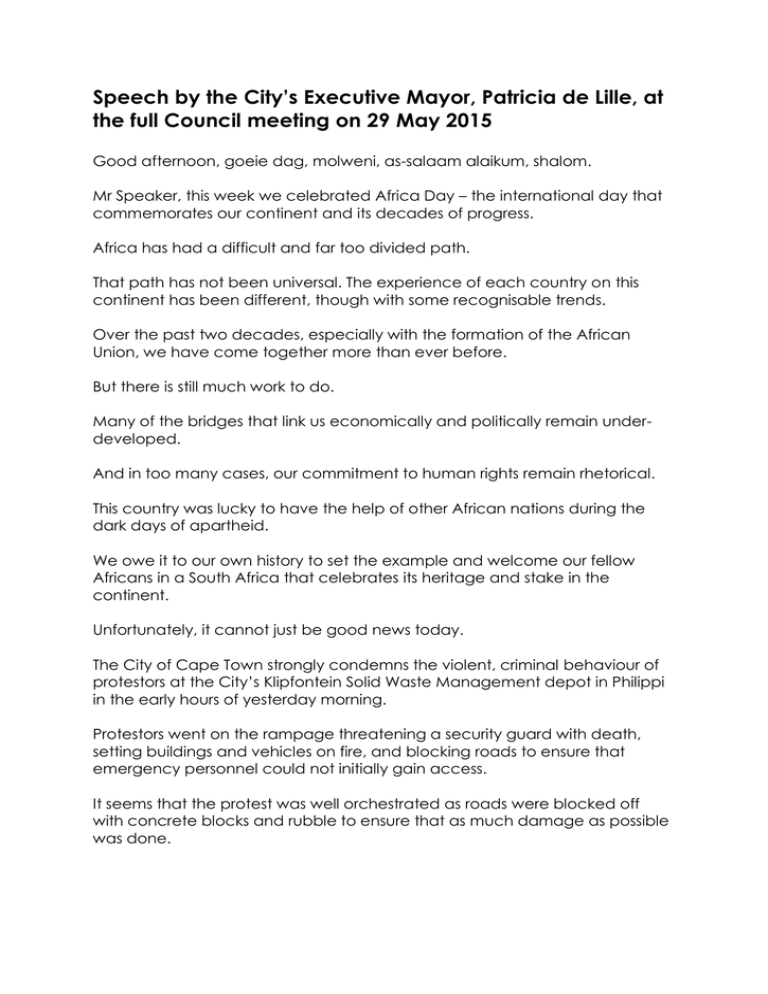 Speech by the City’s Executive Mayor, Patricia de Lille, at