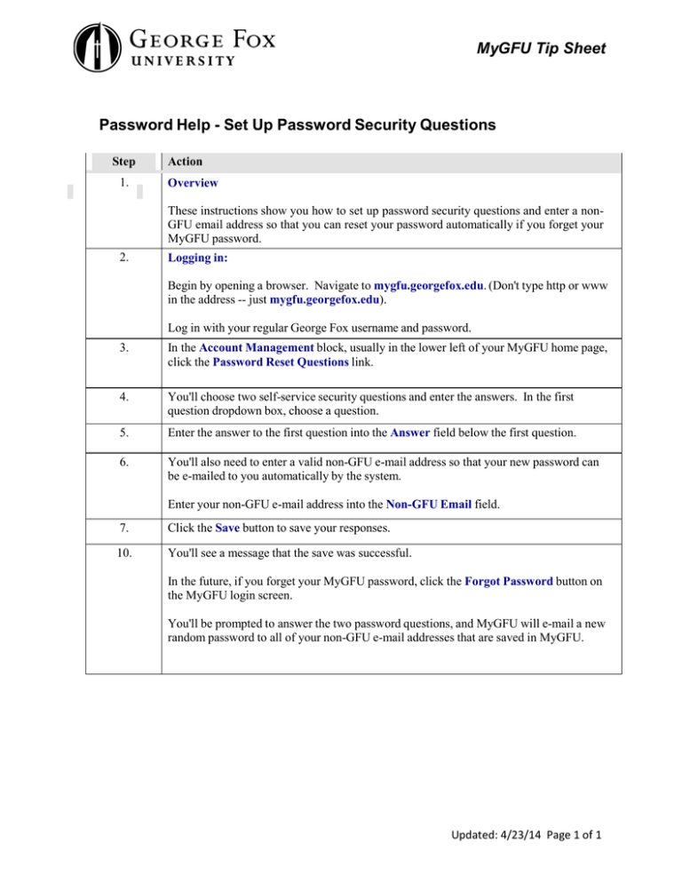 MyGFU Tip Sheet Password Help - Set Up Password Security Questions