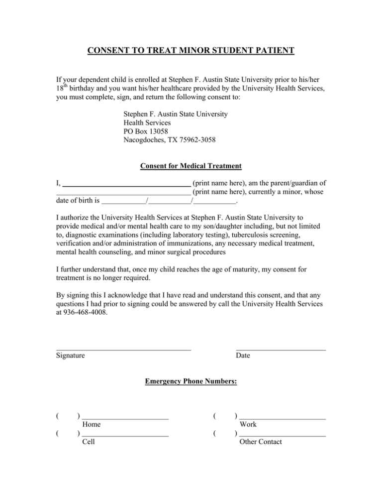 CONSENT TO TREAT MINOR STUDENT PATIENT