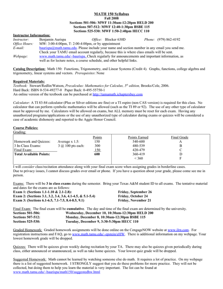 MATH 150 Syllabus
