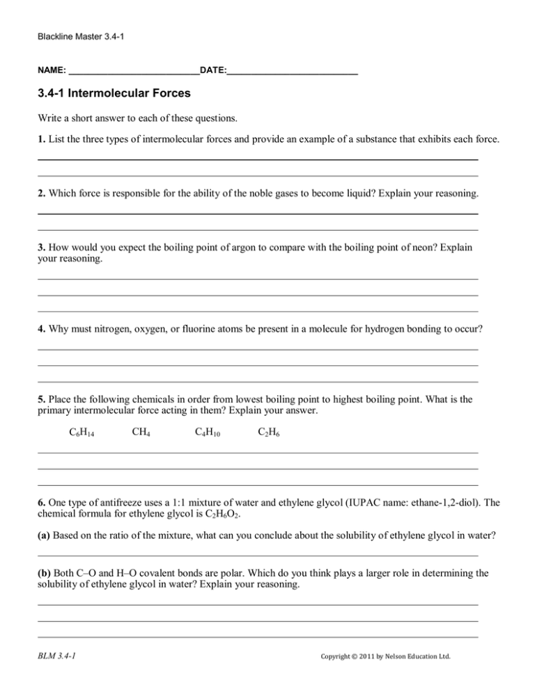 Intermolecular Forces Worksheet: Chemistry Practice