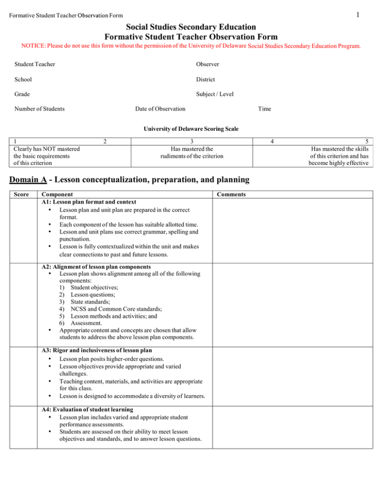 Student Teacher Observation Form - Social Studies