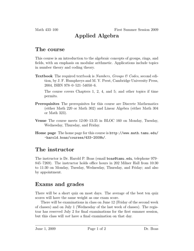 Applied Algebra The course