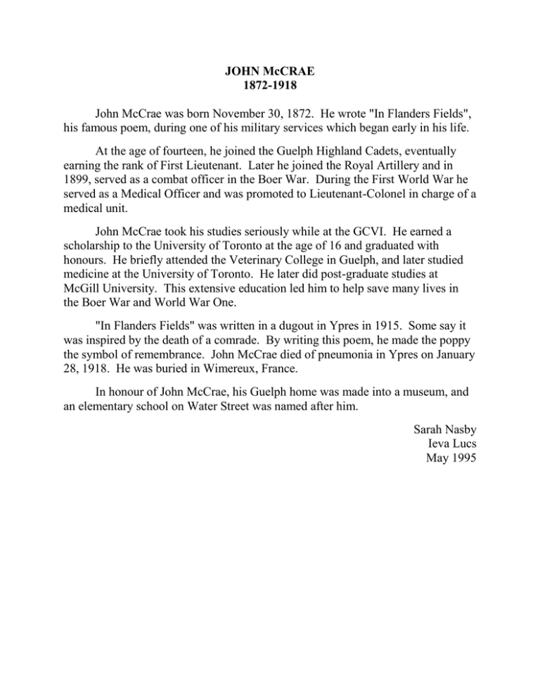 JOHN McCRAE 1872-1918