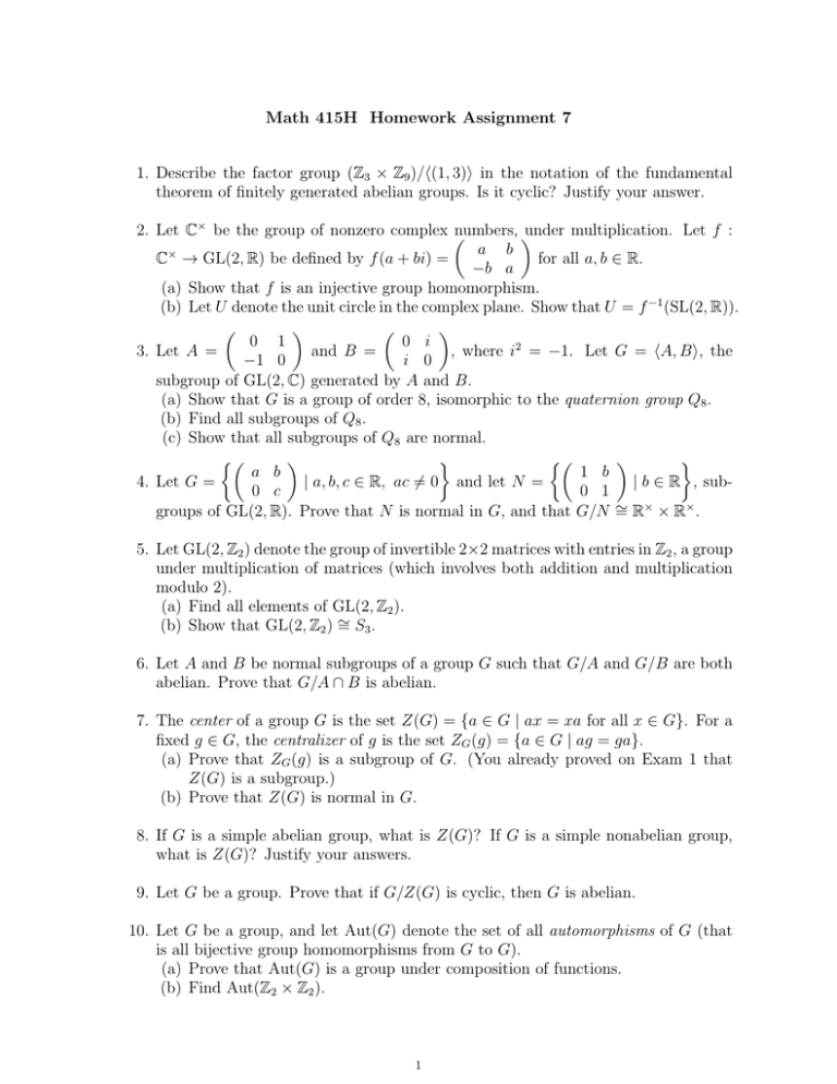 Math 415H Homework 7: Abstract Algebra Problems