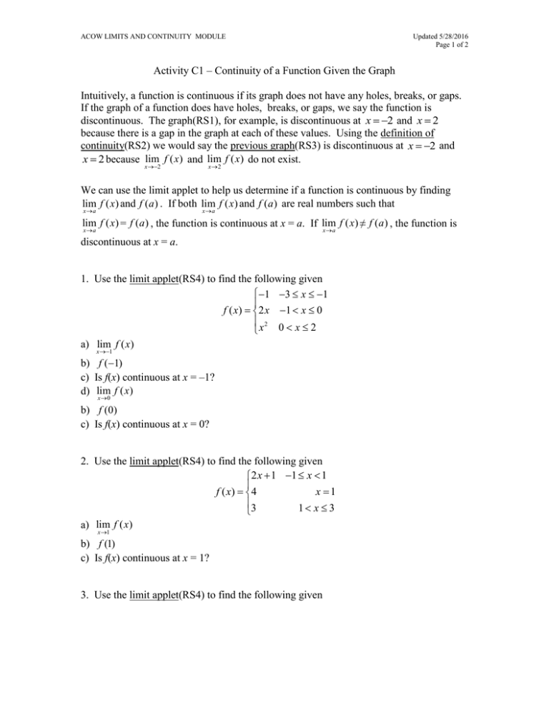 Activity C1 – Continuity of a Function Given the Graph