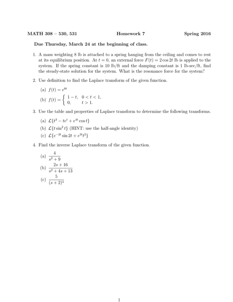 MATH 308 – 530, 531 Homework 7 Spring 2016