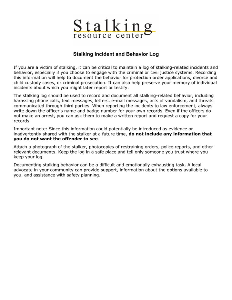 Stalking Incident and Behavior Log