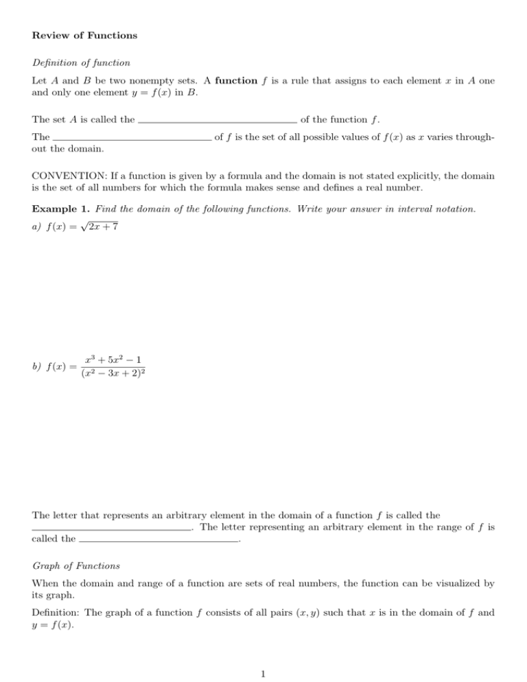 Review of Functions Definition of function