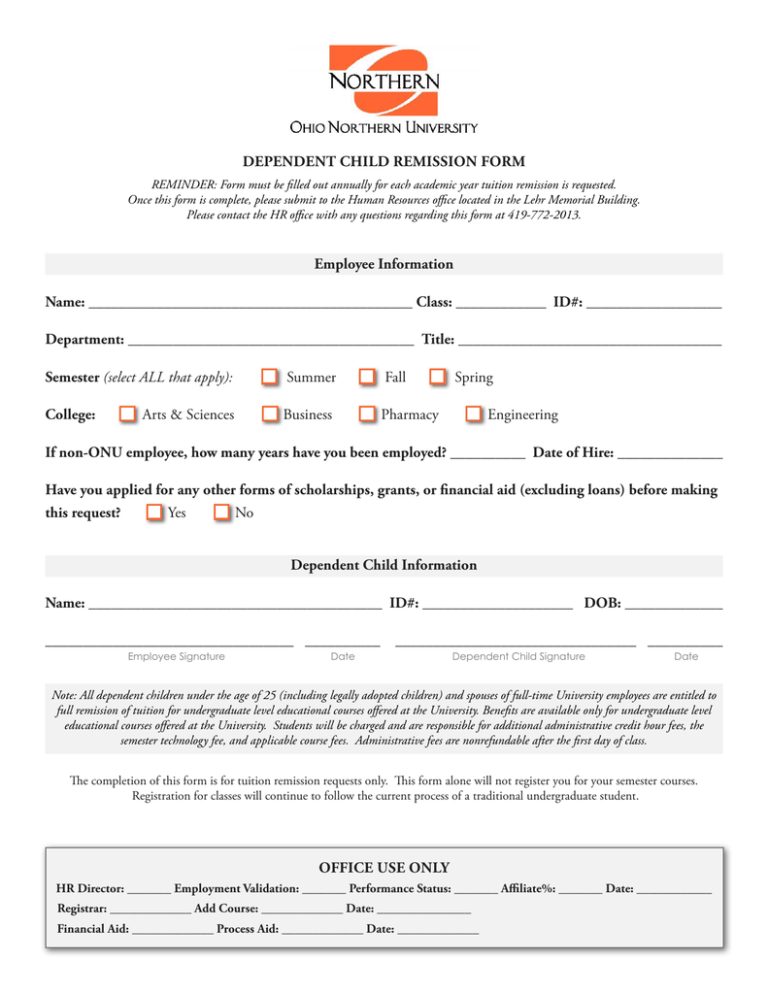 DEPENDENT CHILD REMISSION FORM
