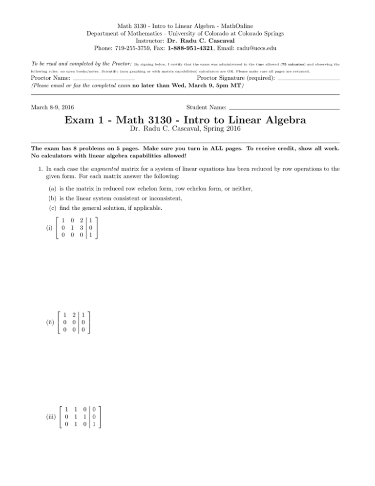 Math 3130 Linear Algebra Exam - Spring 2016