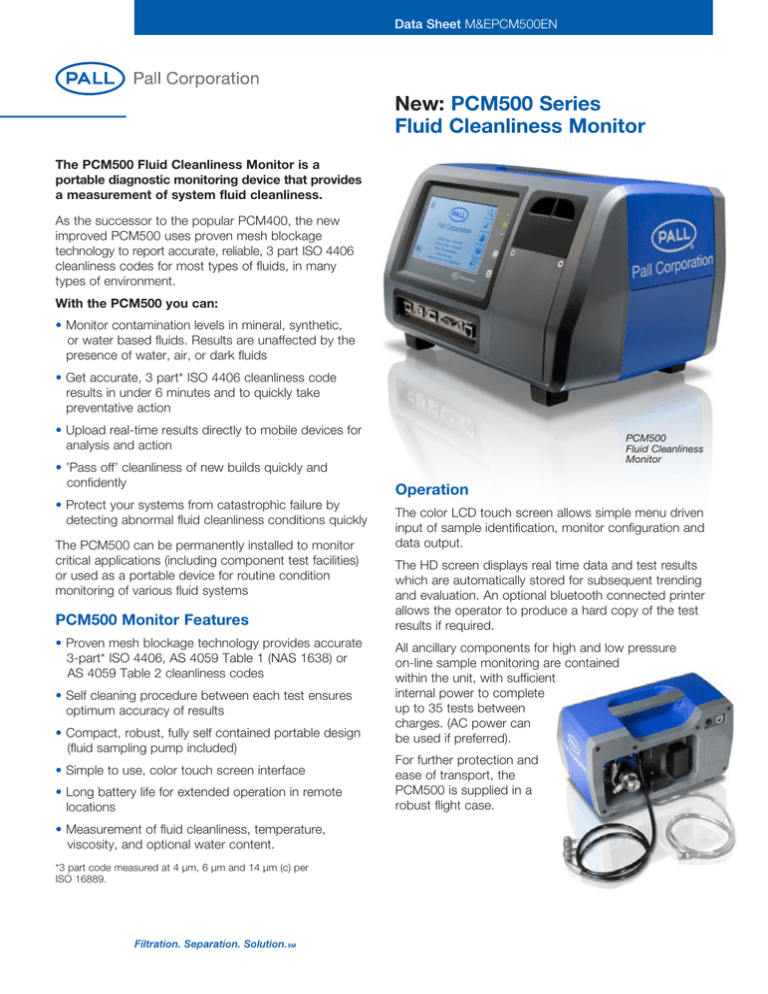 PCM500 Fluid Cleanliness Monitor Data Sheet